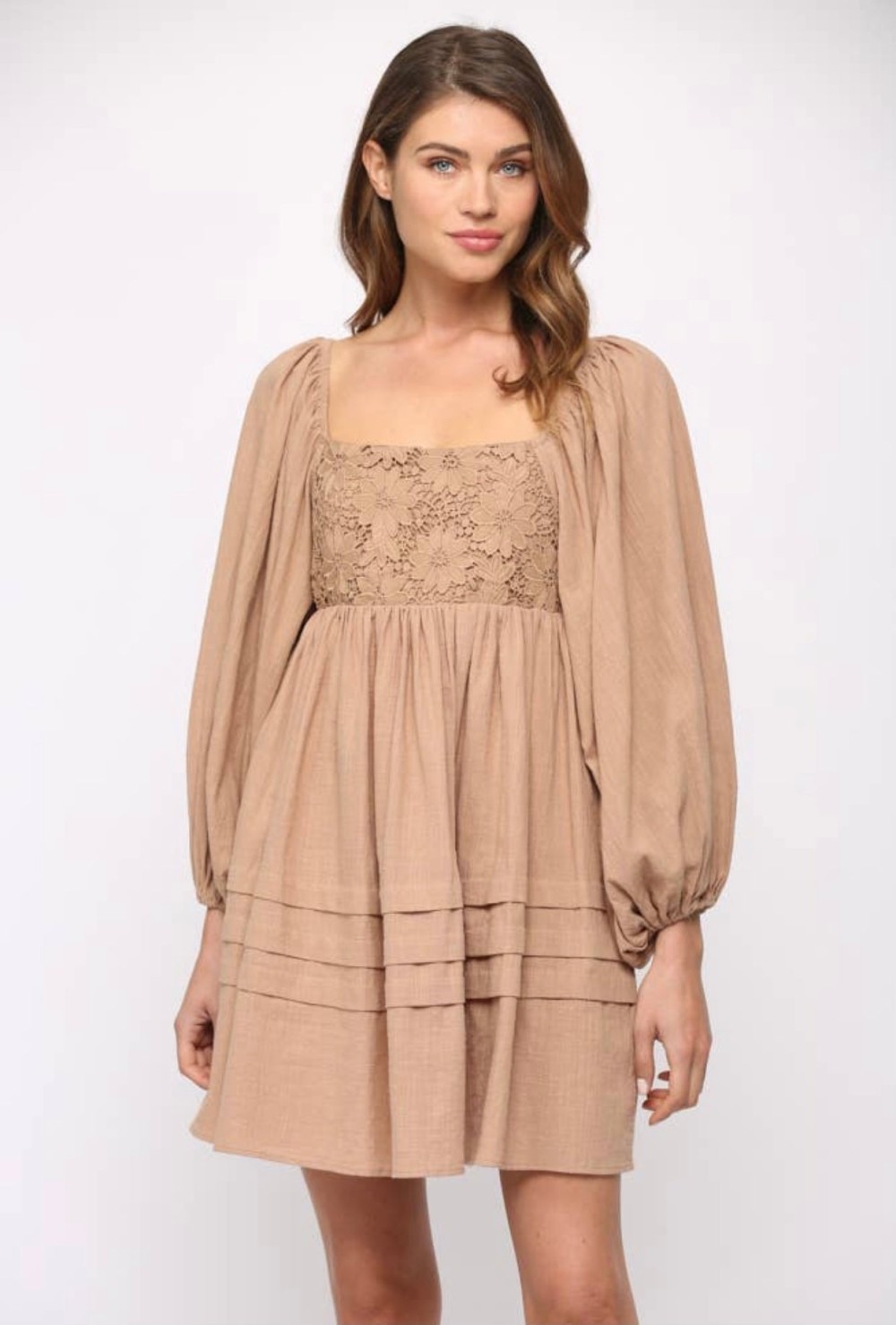 Light Brown Lace Puff Sleeve Dress | The Good Boutique